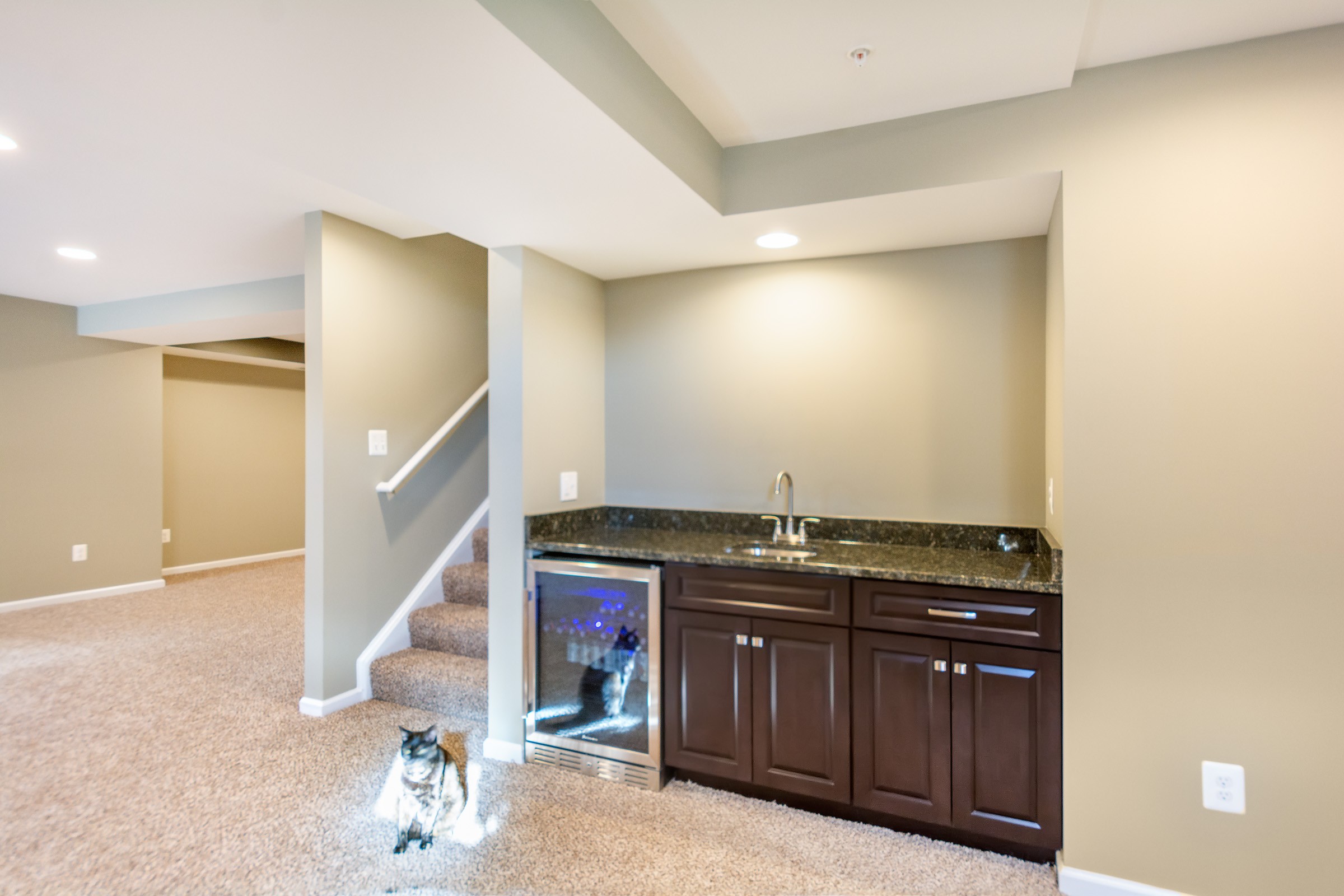 Small Basement Renovation - Kitchenette, Recessed Lighting and White Trim