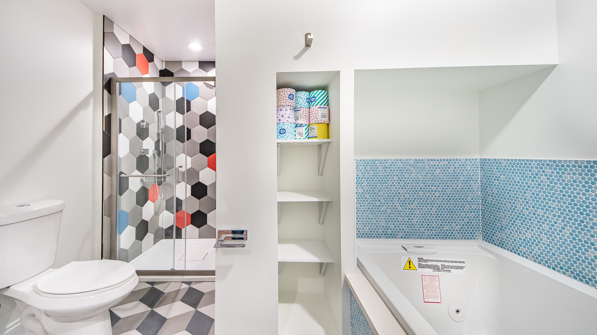 Basement Finishing with Colorful Shower and jacuzzi