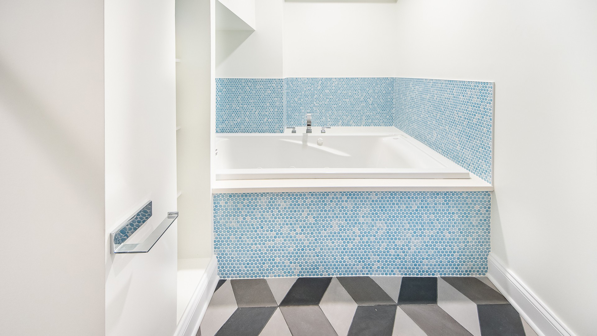 Basement Finishing with Colorful Shower and jacuzzi