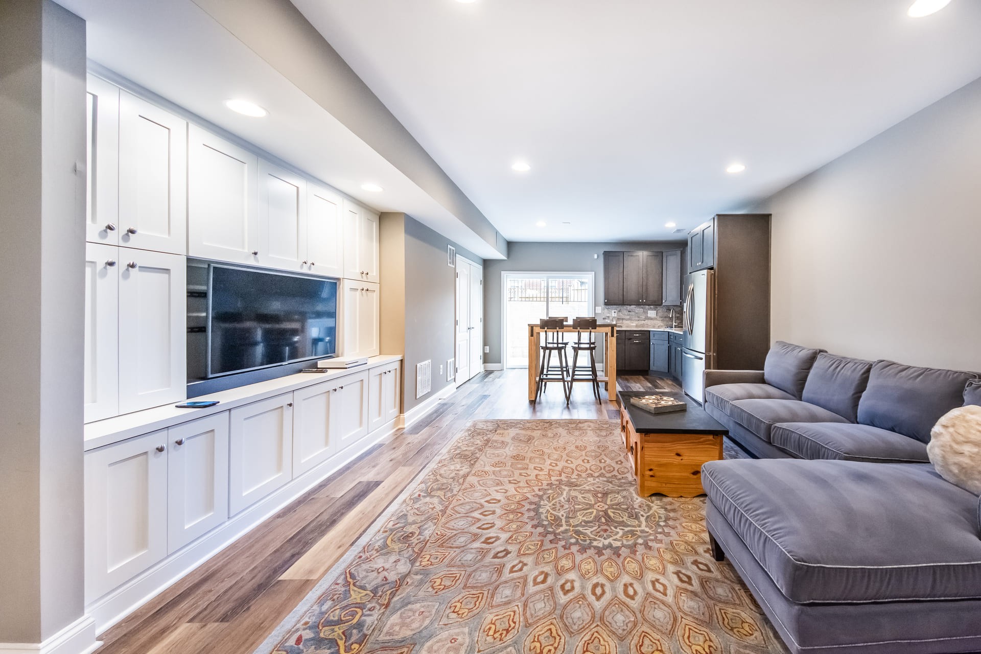 Basement Design and Renovation - Full Kitchen and Shelving Built-ins